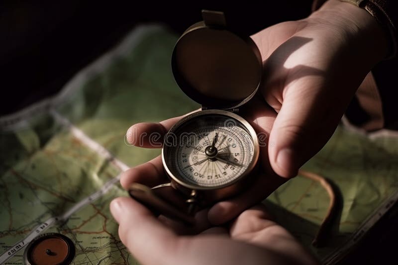 Compass and Map in Hands of Traveler for Checking and Searching ...