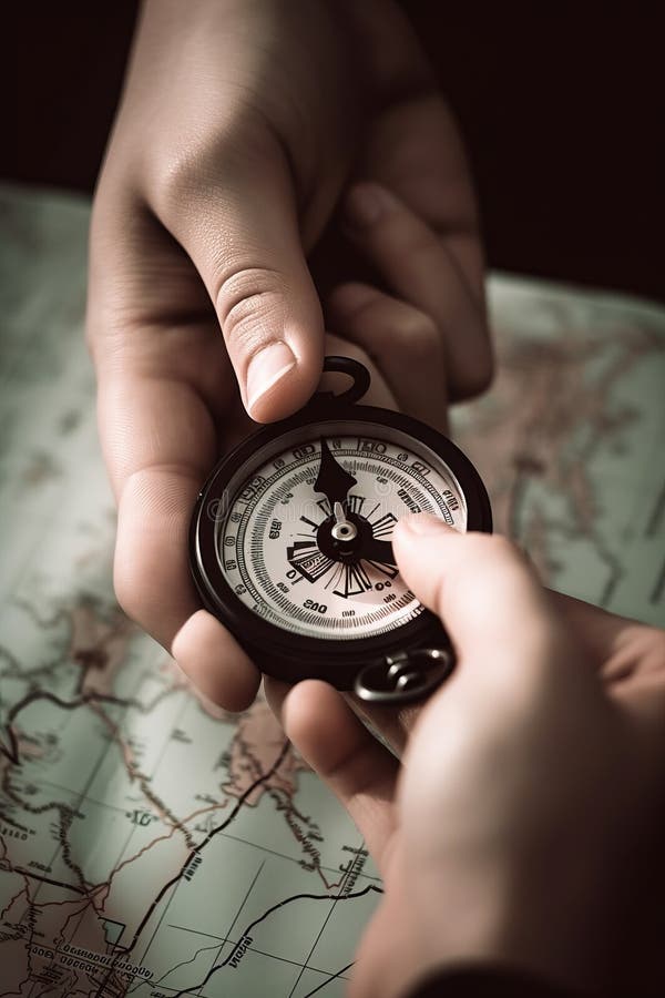Compass and Map in Hands of Traveler for Checking and Searching ...