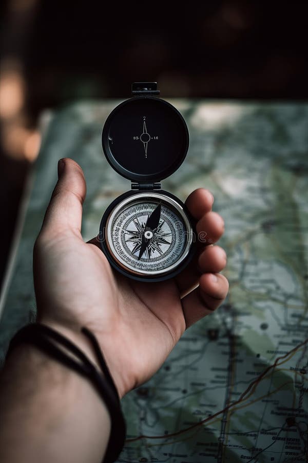 Compass and Map in Hands of Traveler for Checking and Searching ...