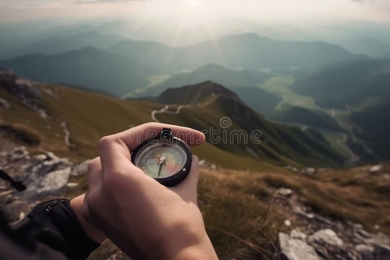 Compass and Map in Hands of Traveler for Checking and Searching ...