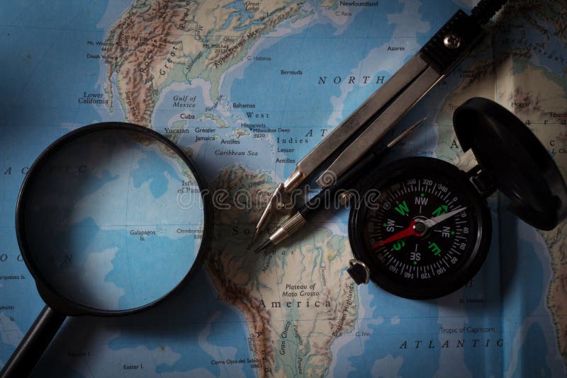 Compass with Map and Magnifier ,navigation Equipment. Stock Image ...