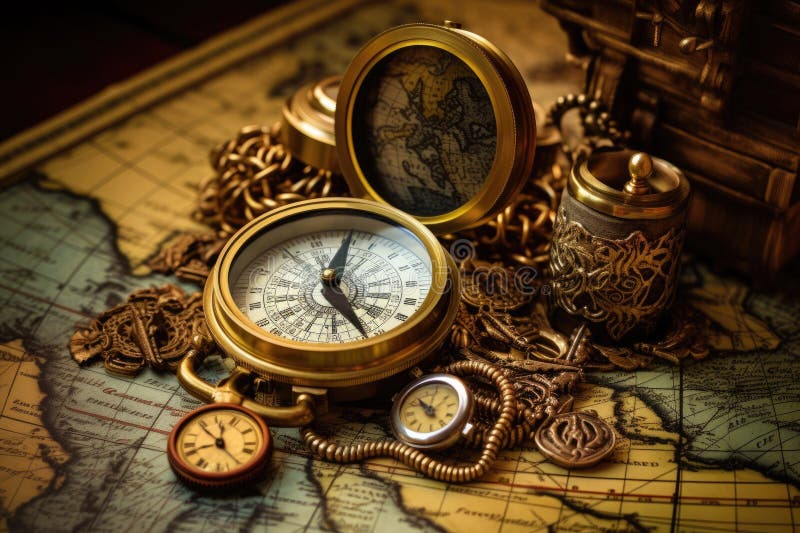 Compass and Map on Old World Map, an Old Compass, Telescope, and Coins ...