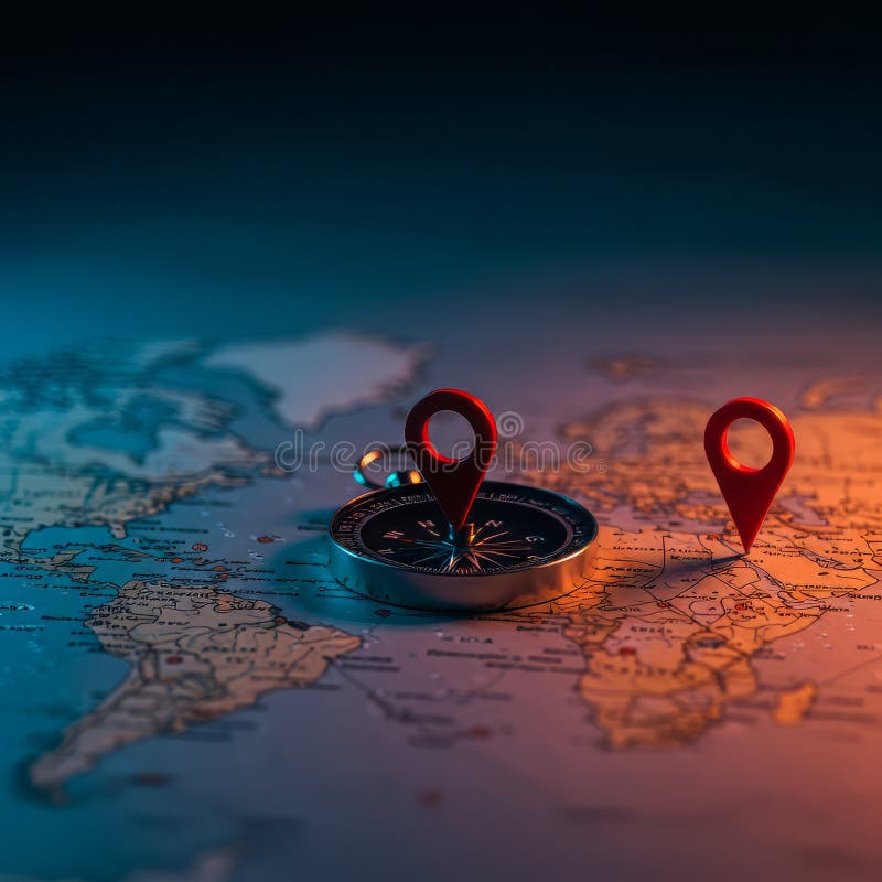 Planning Trip Adventure with Compass and Map Pins for Navigation Stock ...