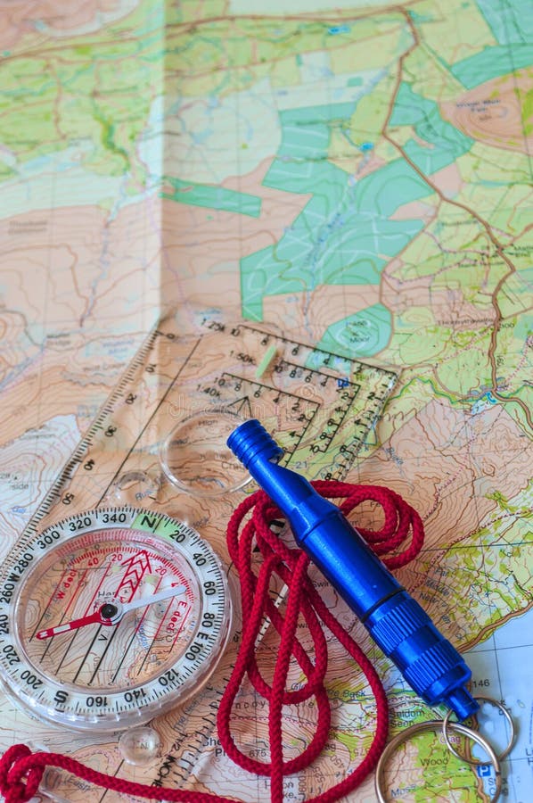 Compass on Map and Rescue Whistle Stock Image - Image of journey ...