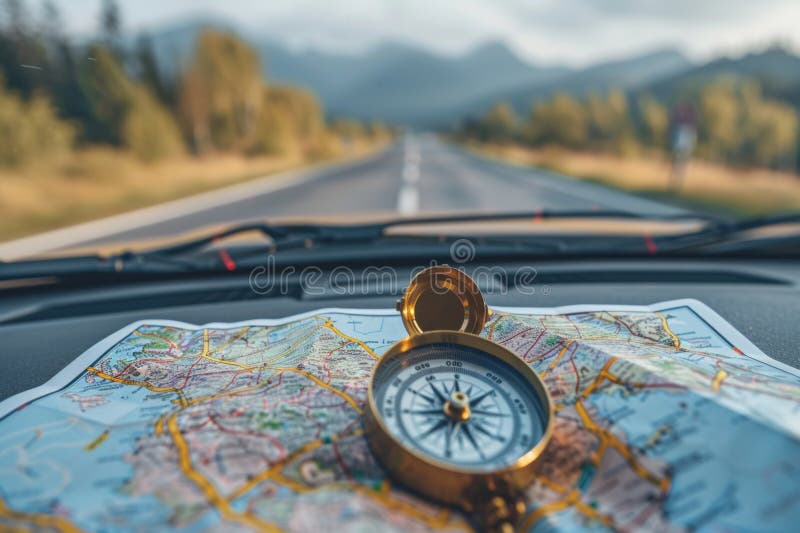 Road Trip Readiness with Map and Compass Stock Image - Image of route ...