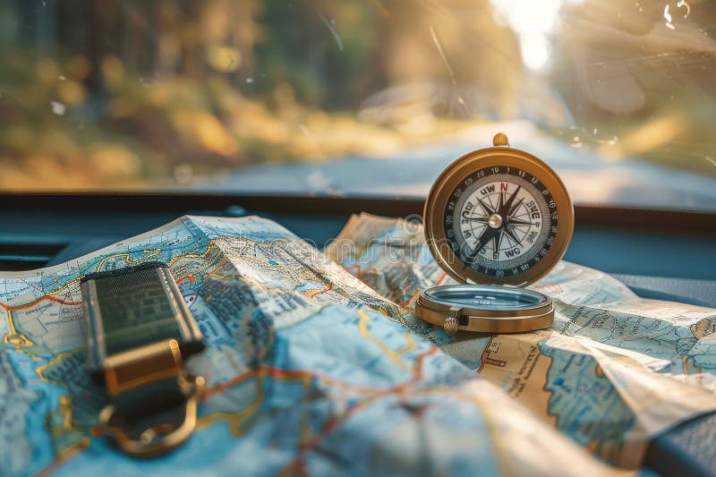 Road Trip Readiness with Map and Compass Stock Image - Image of outdoor ...