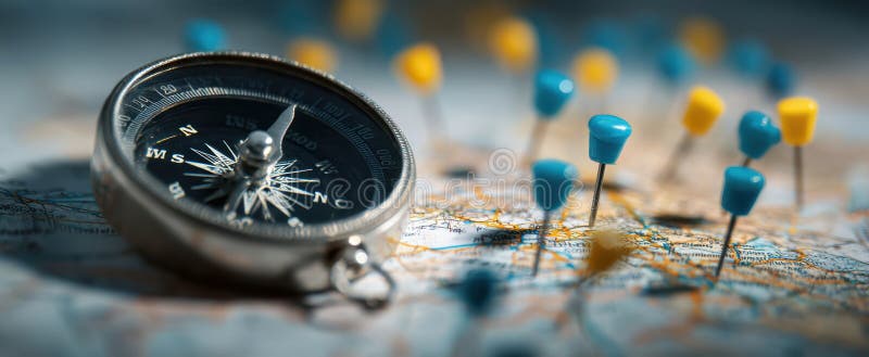 The Compass on a Map Surrounded by Colorful Push Pins..AI Generated ...