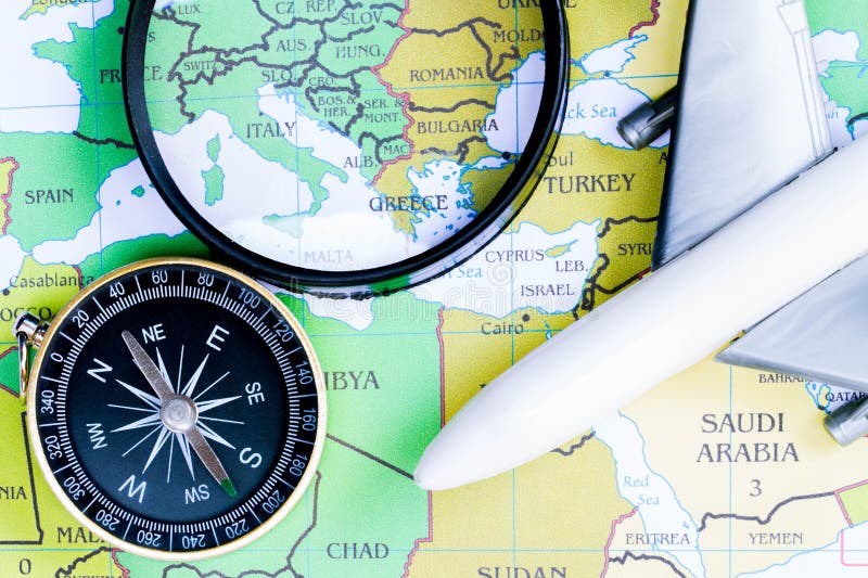 Compass on the map stock image. Image of equipment, east - 164604693