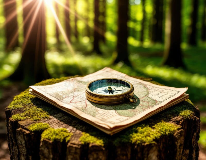 Compass and Map on a Weathered Stump, with Sunbeams through Trees ...