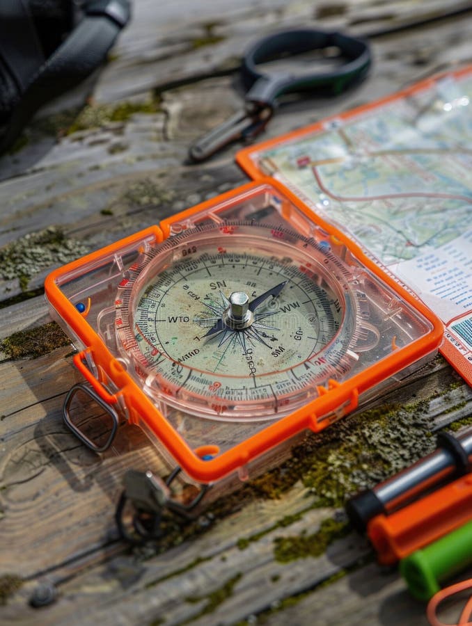 Compass and Map on Wooden Table Stock Image - Image of charting ...