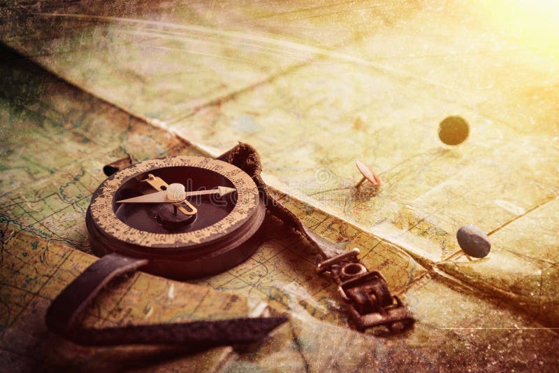 Compass and Mark on the Map. Stock Image - Image of grunge, adventure ...