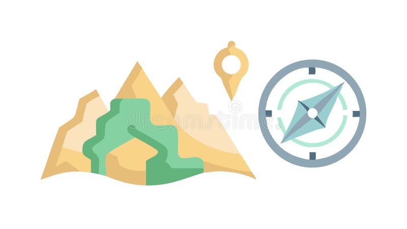 Compass with Mountain Map, Guiding Hikers through Terrain. Vector ...