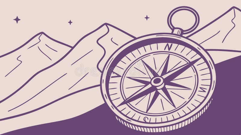 Compass on Mountain Slope, Purple Toned Landscape, Vector Design ...