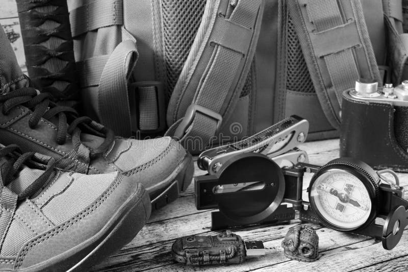 Compass, Multitool and Backpack for Hiking Stock Image - Image of ...