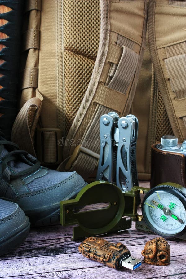 Compass, Multitool and Backpack for Hiking Stock Image - Image of ...