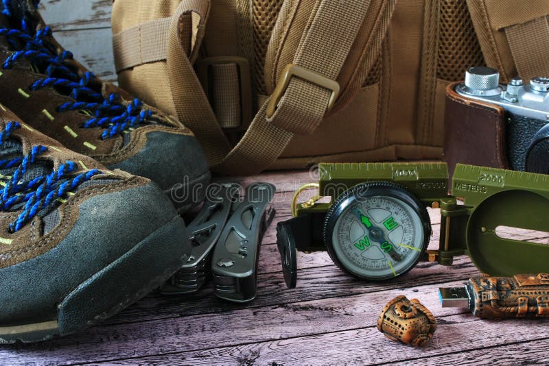 Compass, Multitool and Backpack for Hiking Stock Image - Image of auto ...