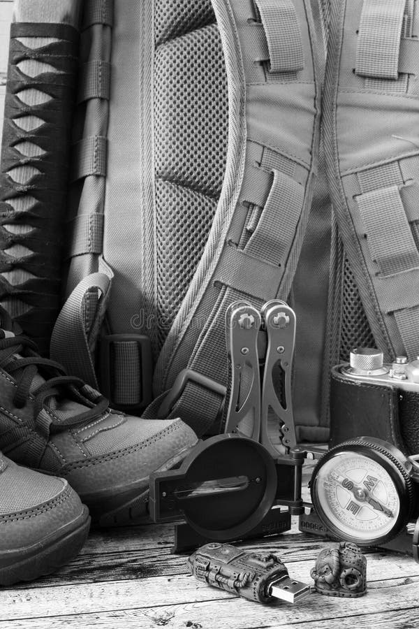 Compass, Multitool and Backpack for Hiking Stock Photo - Image of belt ...