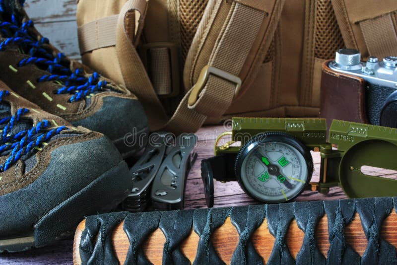 Compass, Multitool and Backpack for Hiking Stock Photo - Image of belt ...