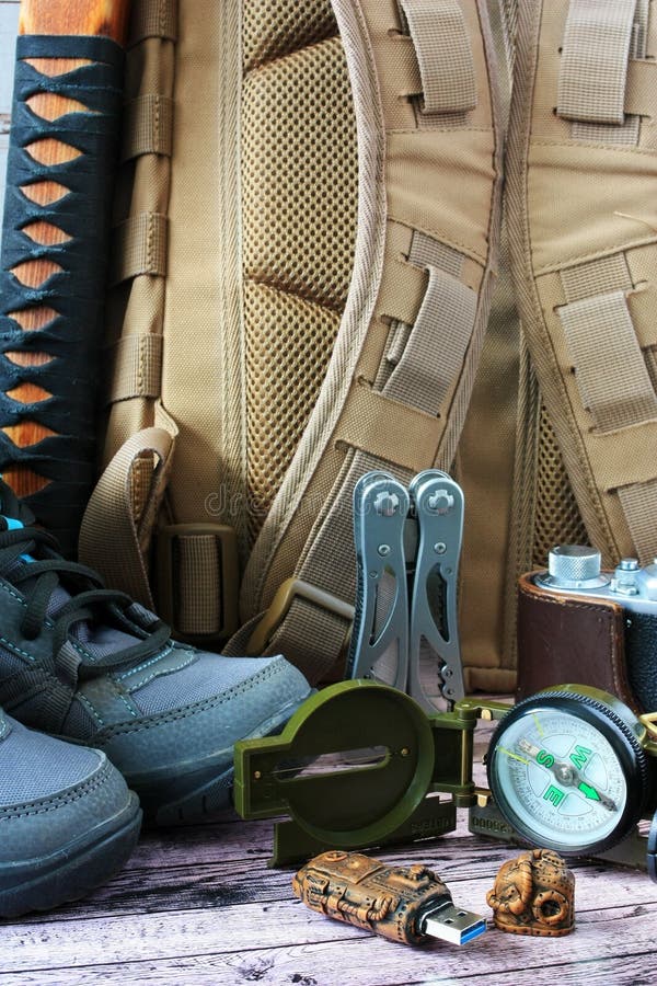 Compass, Multitool and Backpack for Hiking Stock Image - Image of clock ...