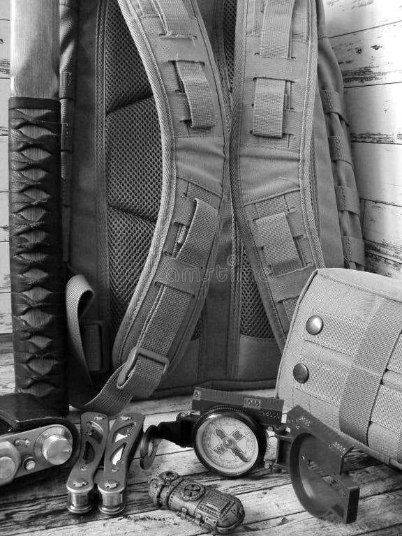 Compass, Multitool and Backpack for Hiking Stock Photo - Image of ...