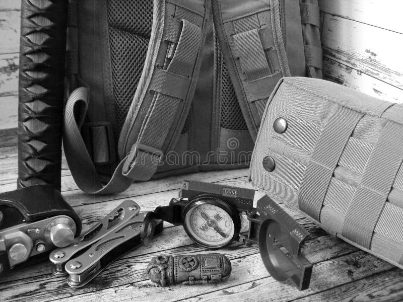 Compass, Multitool and Backpack for Hiking Stock Image - Image of ...