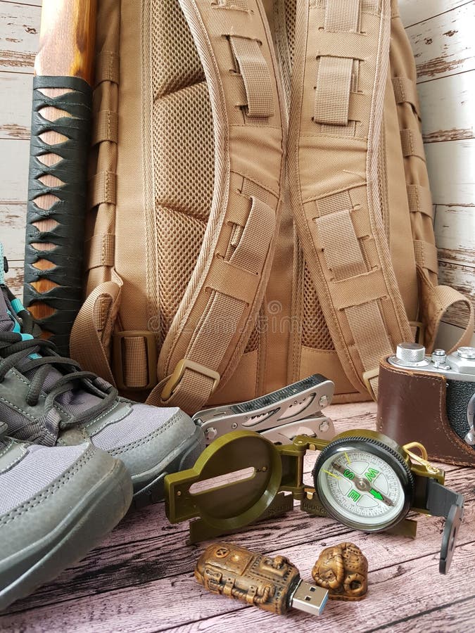 Compass, Multitool and Backpack for Hiking Stock Image - Image of retro ...