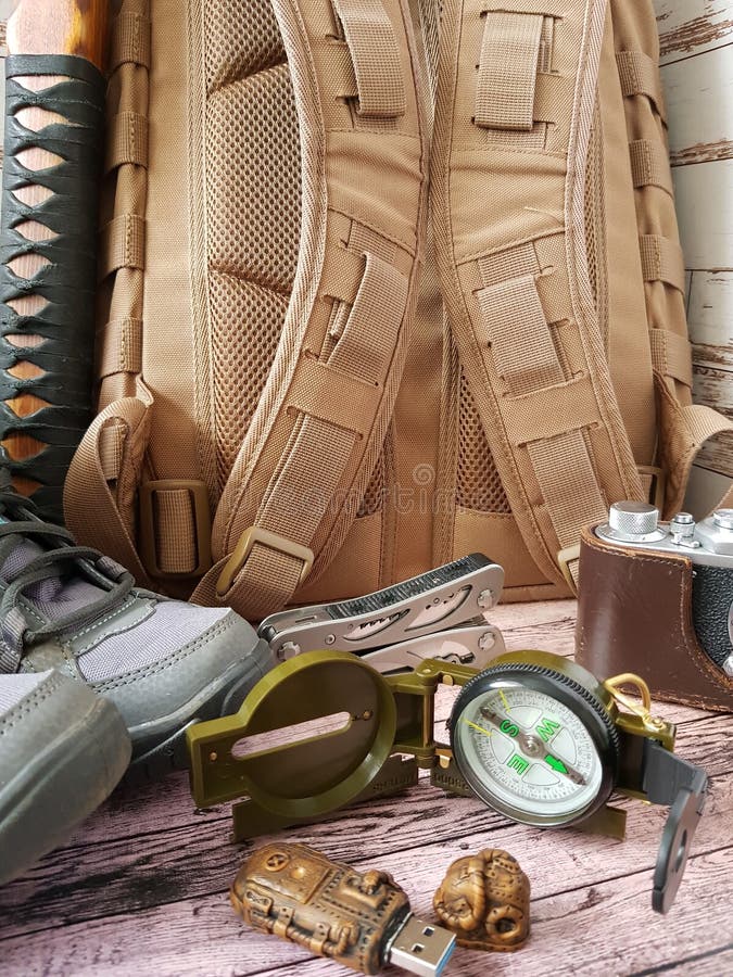 Compass, Multitool and Backpack for Hiking Stock Image - Image of ...