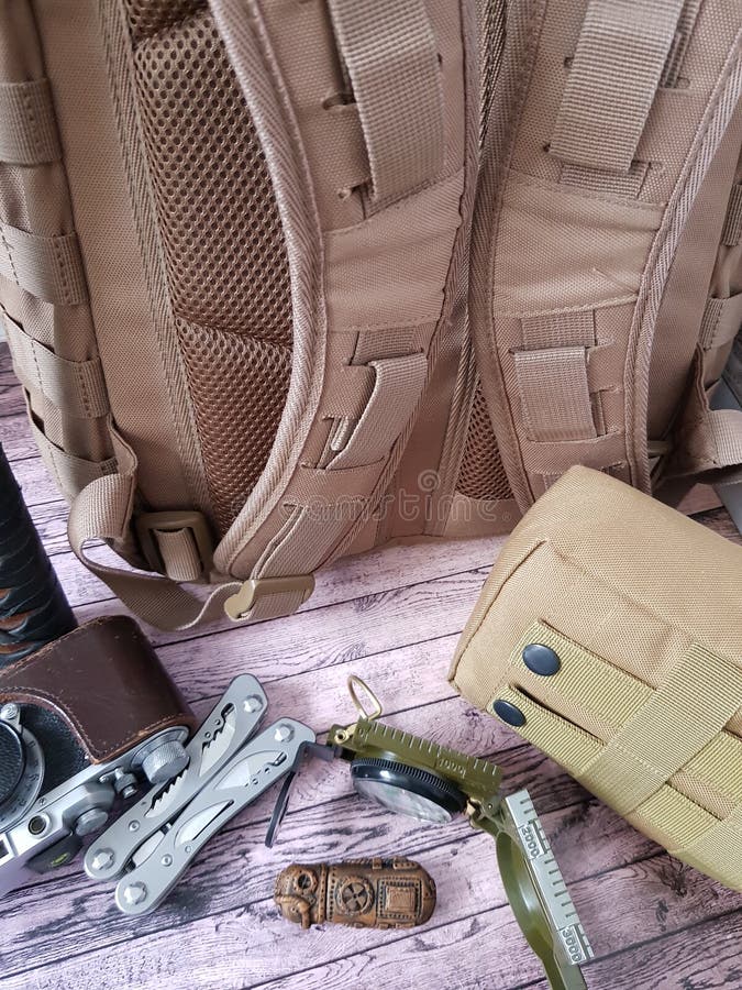 Compass, Multitool and Backpack for Hiking Stock Image - Image of cloth ...