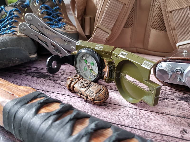 Compass, Multitool and Backpack for Hiking Stock Image - Image of auto ...