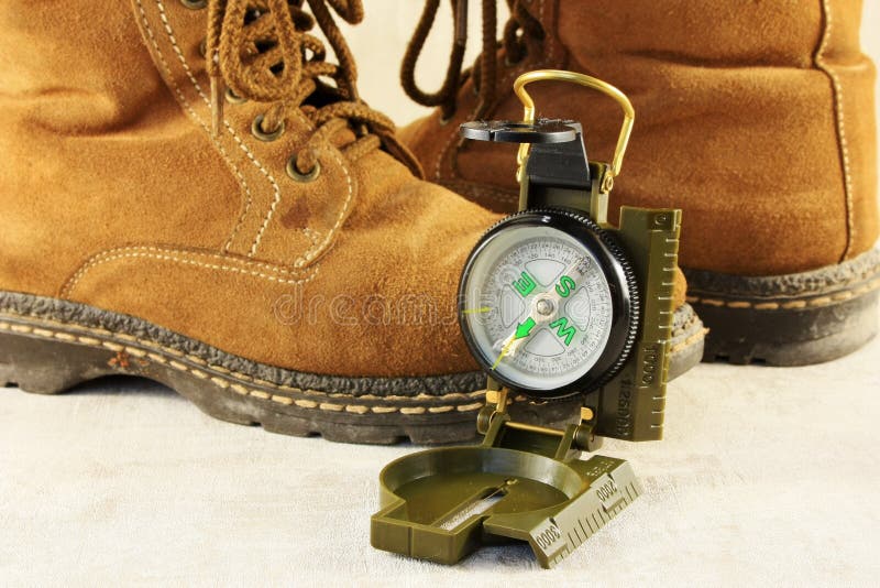 Compass and Old Trekking Hiking Boots Stock Image - Image of binoculars ...