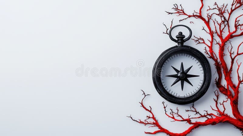 A Compass Next To a Red Abstract Tree on a White Background Stock ...