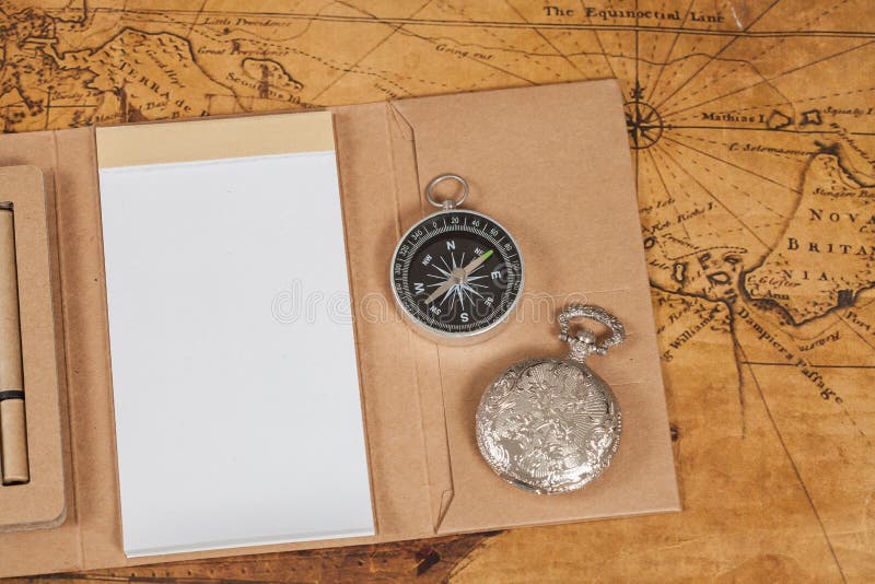Compass with Note Book on Old Map Vintage Stock Photo - Image of ...