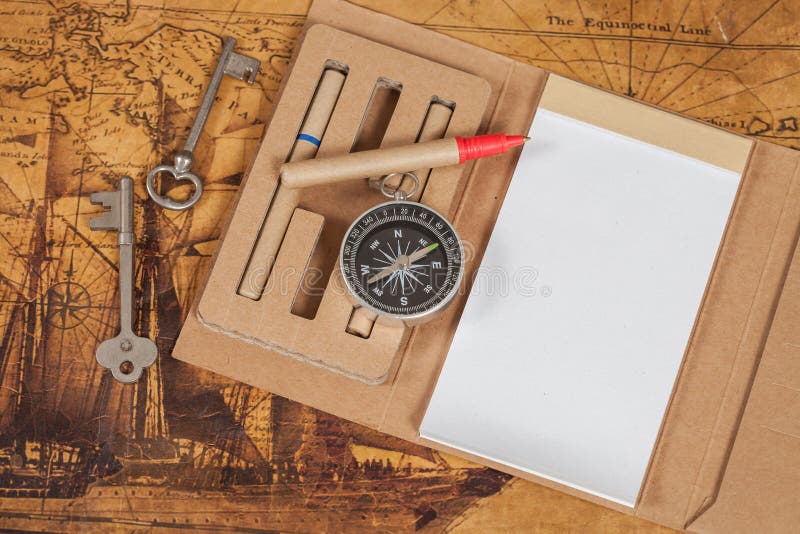 Compass with Note Book on Old Map Vintage Stock Image - Image of south ...