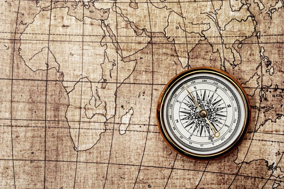Compass on old map. stock image. Image of east, life - 12572717