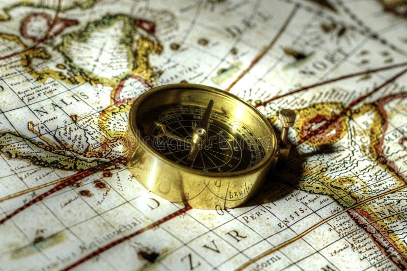 Antique Compass and Old Map Stock Image - Image of lost, searching ...