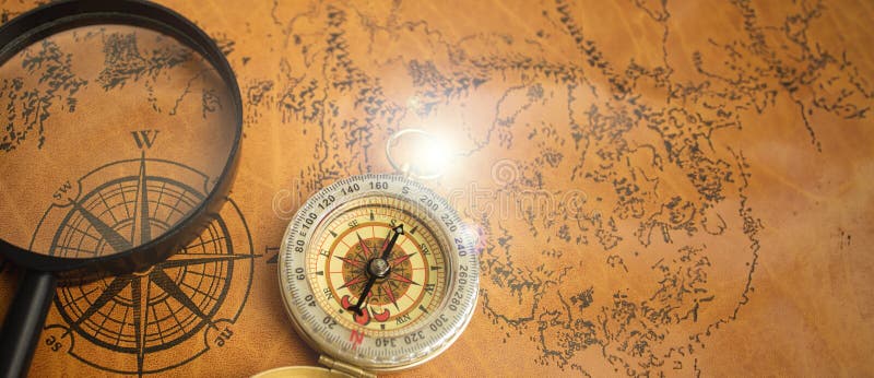Compass and Old Map. Close Up of Compass on Old Paper Map Stock ...