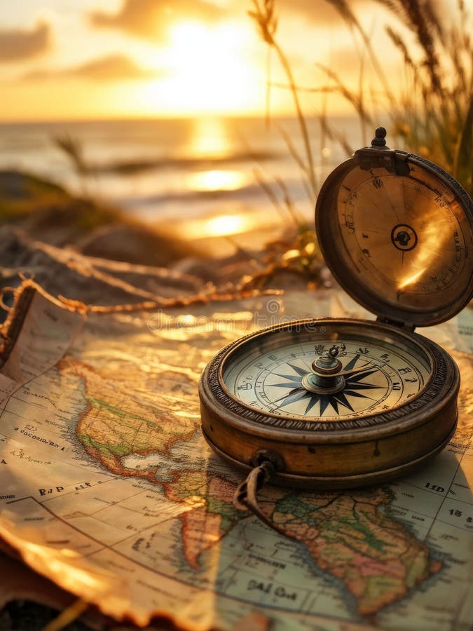 Compass with Old Map on Sunset Stock Photo - Image of journey, sand ...