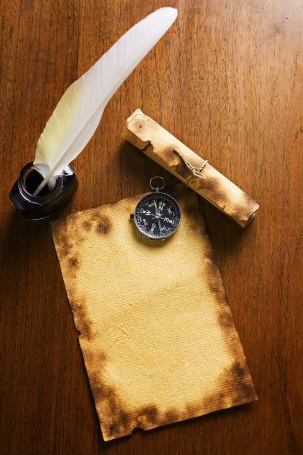 Compass on Old Paper, with Scroll and Quill Pen Stock Image - Image of ...