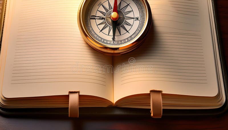 Compass on an Open Notebook Symbolizes Direction and Exploration Stock ...