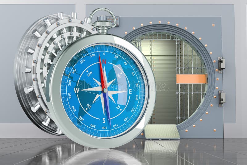 Compass with Opened Bank Vault, 3D Rendering Stock Illustration ...