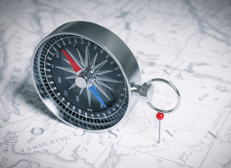 Compass Over Map and Red Pin Stock Illustration - Illustration of ...
