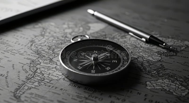 Compass and Pen on Map Exploration Planning in Black and White Stock ...