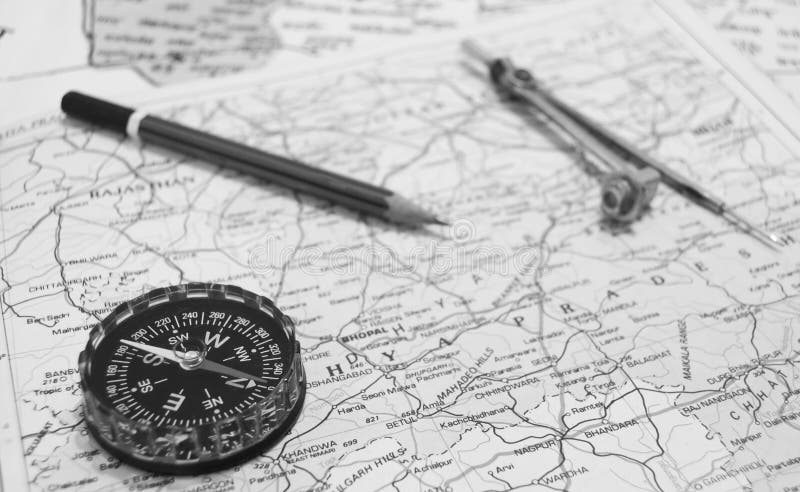 Compass and Pencil on the Map Stock Photo - Image of magnetic, graphite ...