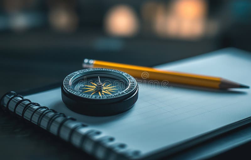 Compass and Pencil on Notebook Symbolizing Direction and Planning Stock ...