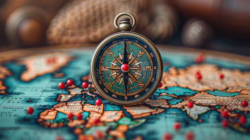 Compass and Pins on an Antique World Map Stock Image - Image of ...