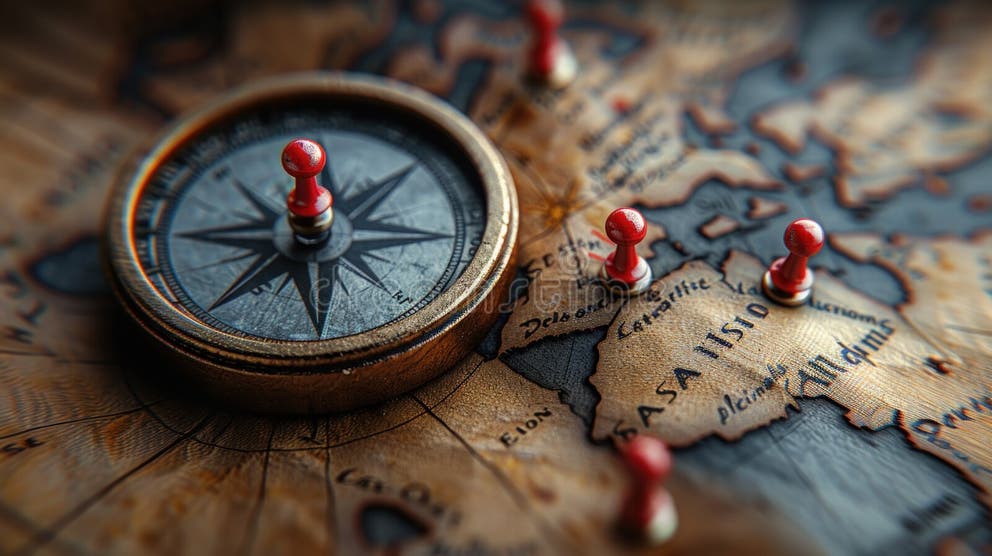 Compass and Pins on an Antique World Map Stock Image - Image of geography, nautical: 383926717