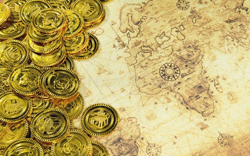 Compass and Pirate Golden Coin on a Old World Map Stock Image - Image ...