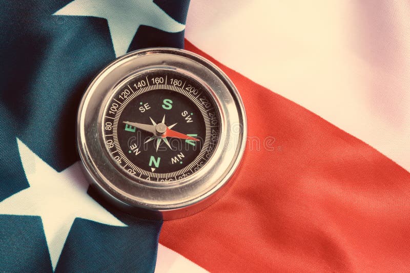 Compass Pointing West and Star Spangled Flag United States America ...