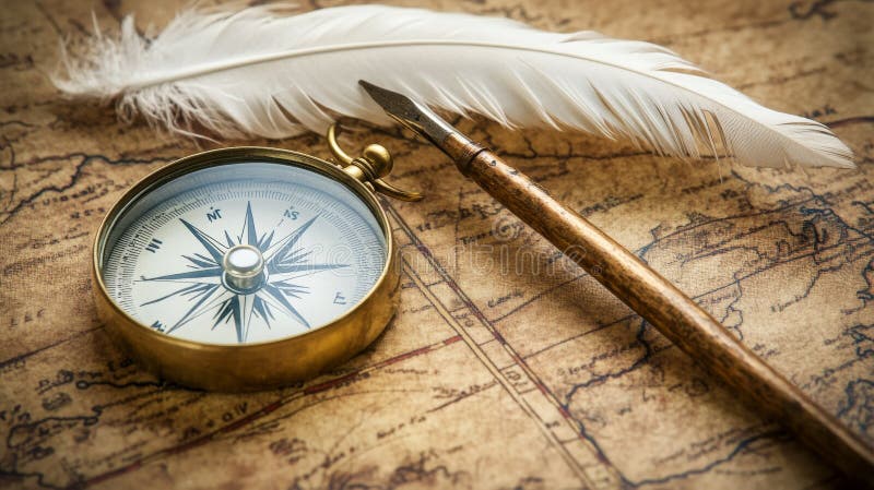 Compass and Quill on Aged Map for Exploration Concept Stock Photo ...