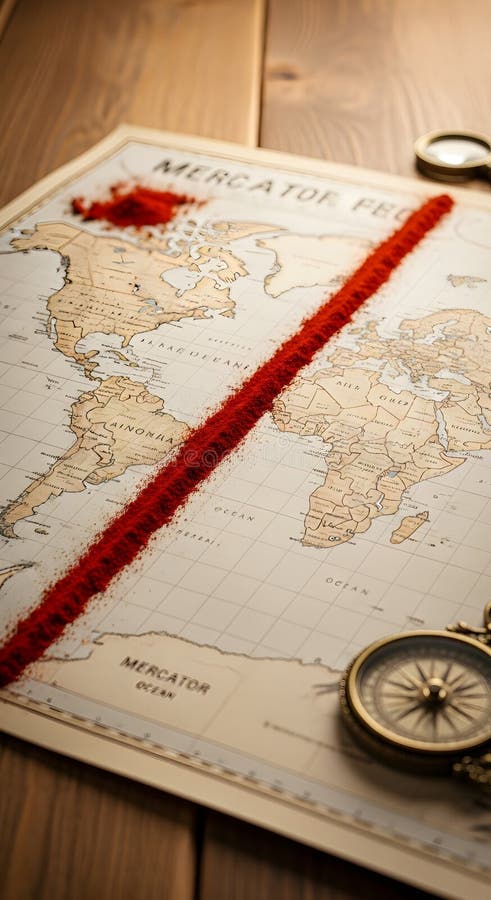 Compass and Red Spice on Antique Mercator Projection World Map ...